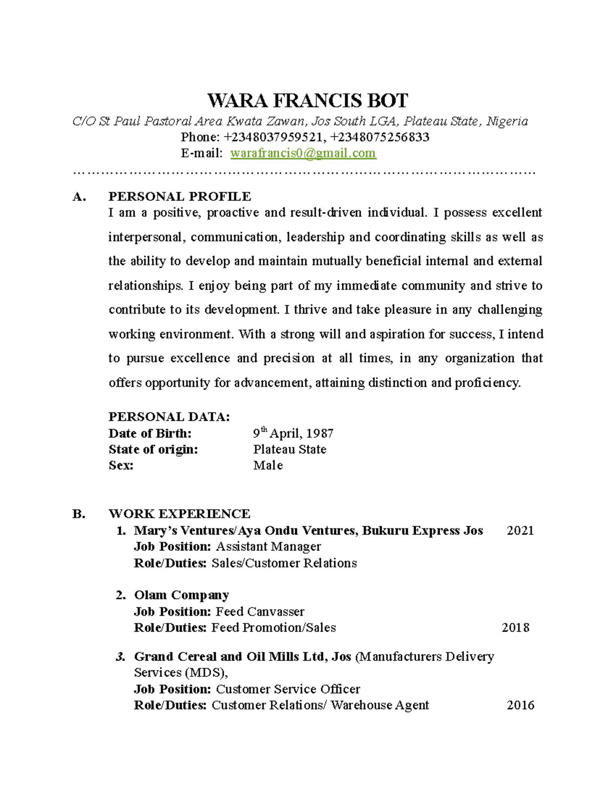 Wara Francis Bot Cv edited 2 - WARA FRANCIS BOT C/O St Paul Pastoral ...