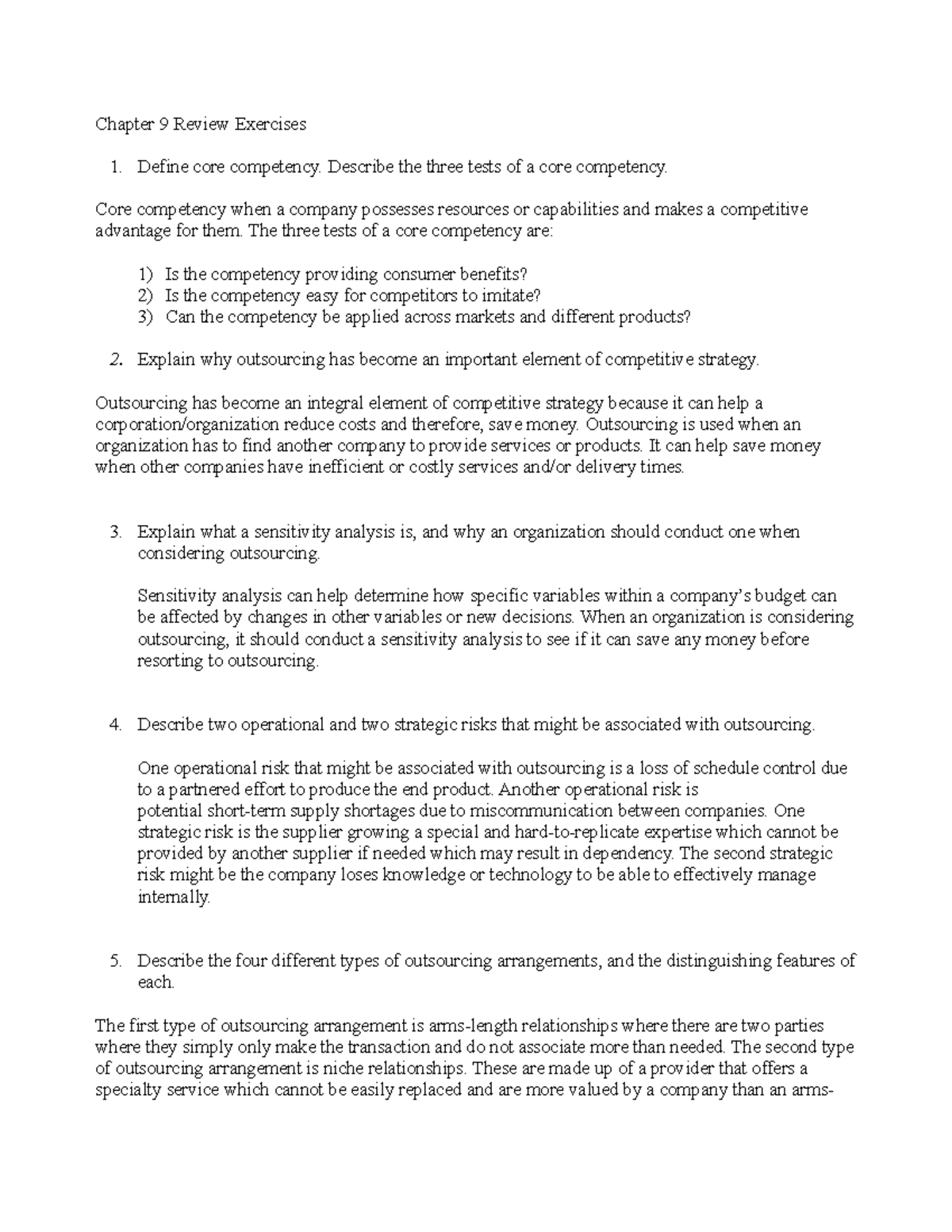 Chapter 9 Review Exercises - Chapter 9 Review Exercises Define core competency. Describe the ...