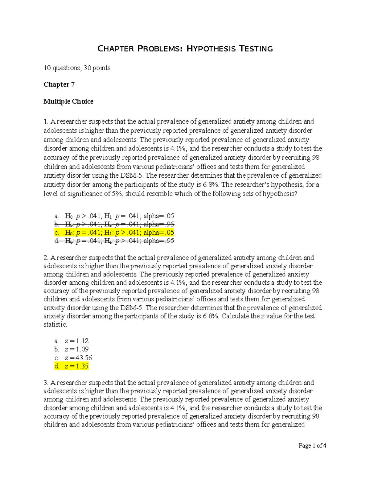 Chapter Problems Hypothesis Testing - CHAPTER PROBLEMS: HYPOTHESIS ...