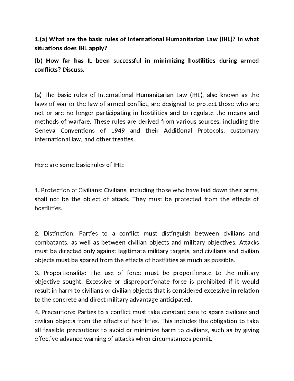 Previous HL Q and A - 1.(a) What are the basic rules of International Humanitarian Law (IHL)? In ...