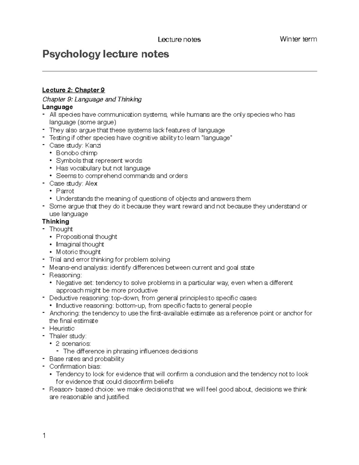 Psychology Lecture Notes copy - Lecture notes Winter term Psychology ...