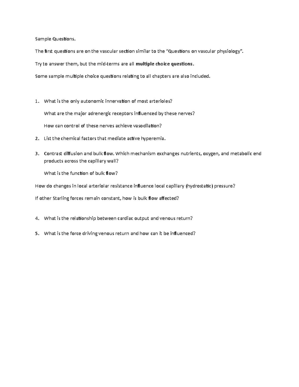 Sample Questions The First Questions Are On The Vascular Section
