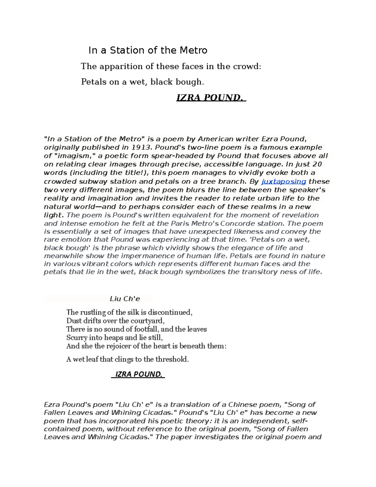 Imagism Poems-1 - In a Station of the Metro The apparition of these ...