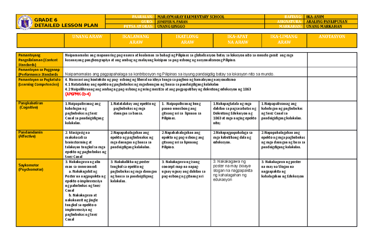 A.P 6 WEEK 1 Quarter 1 - LESSON LOG - GRADE 6 DETAILED LESSON PLAN ...