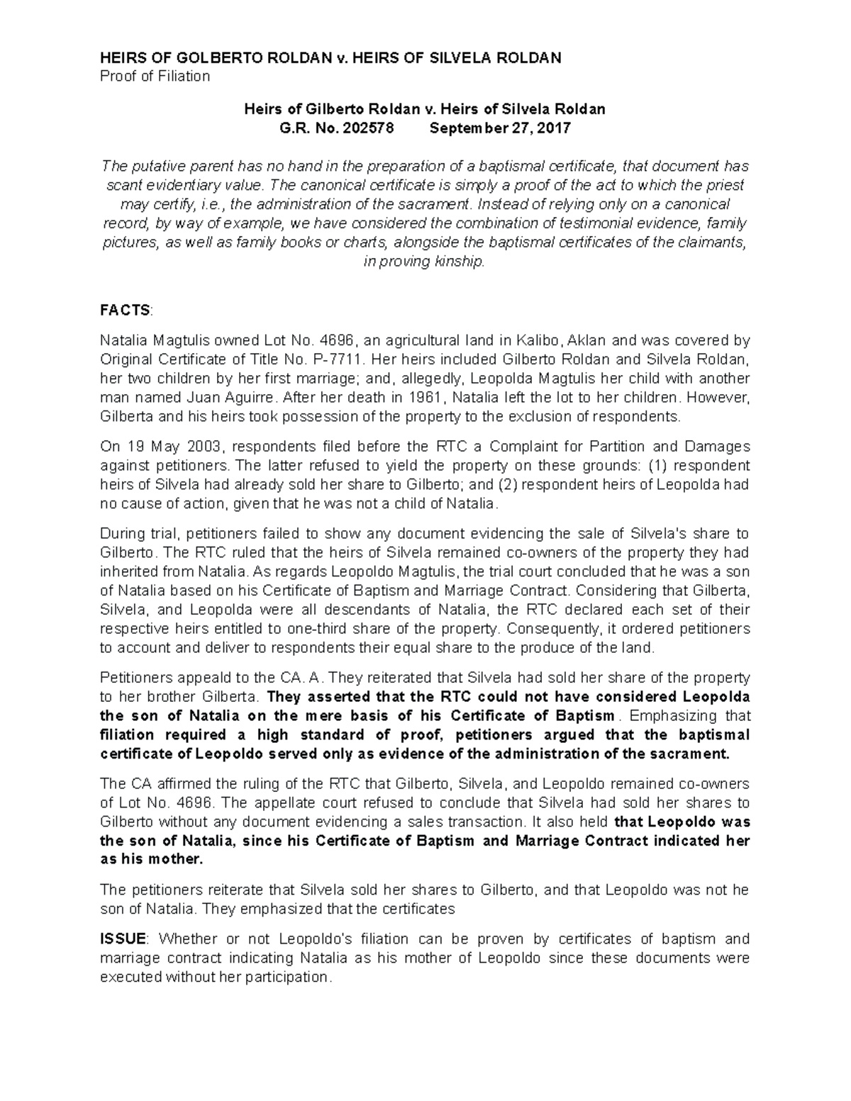 238 - Heirs of Roldan v. Heirs of Roldan - HEIRS OF GOLBERTO ROLDAN v ...