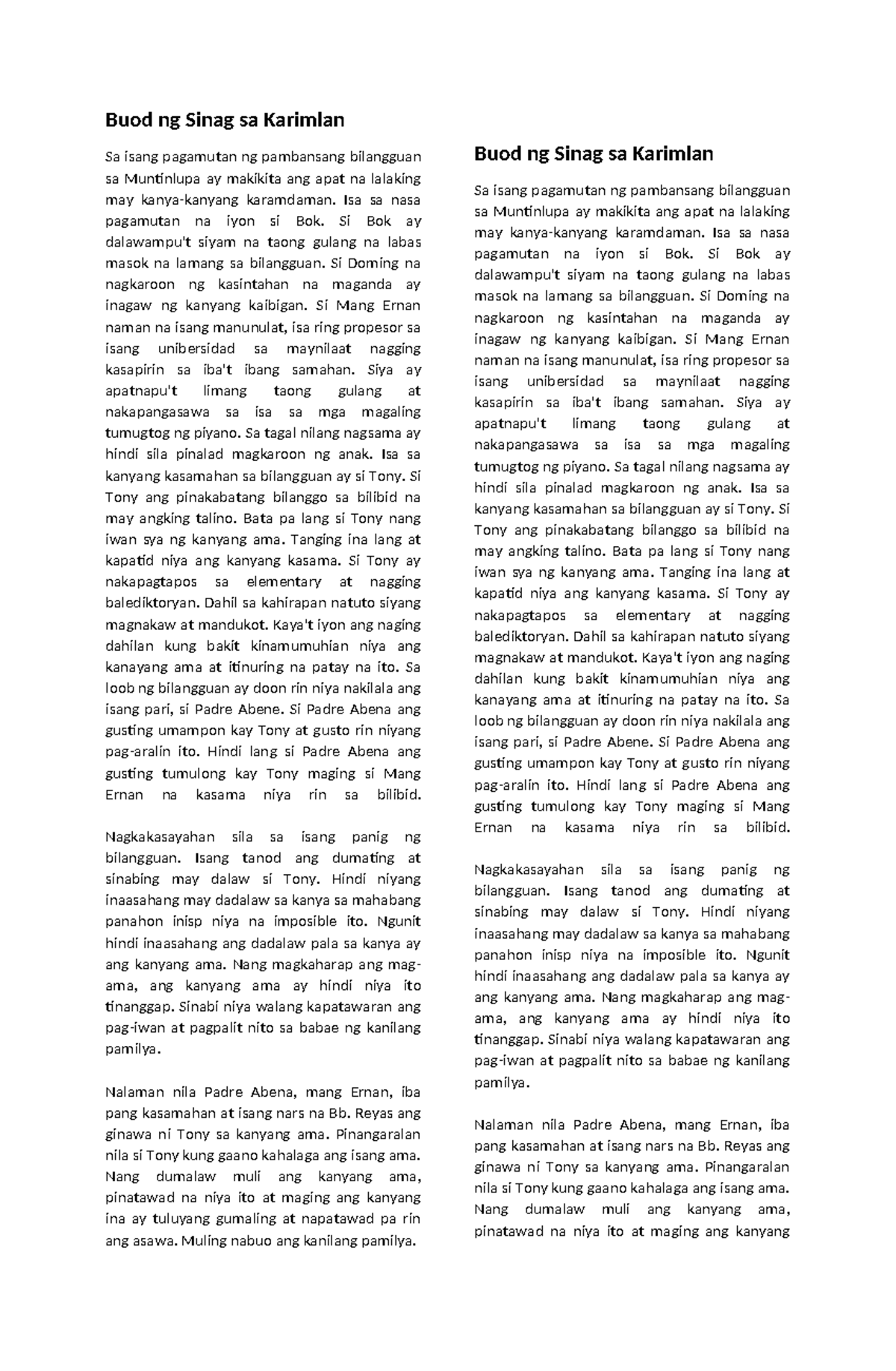 434690440 Sinag Sa Karimlan - Buod ng Sinag sa Karimlan Sa isang ...