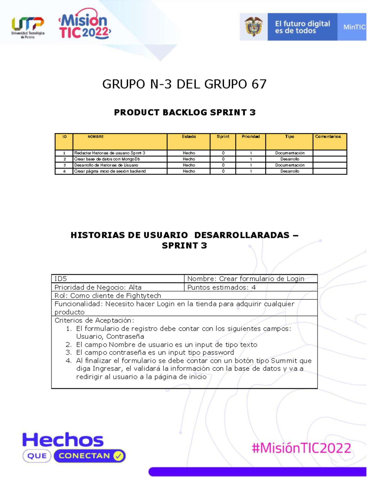 Sprint No 3 - Documento - GRUPO N-3 DEL GRUPO 67 PRODUCT BACKLOG SPRINT 3 ID NOMBRE Estado ...