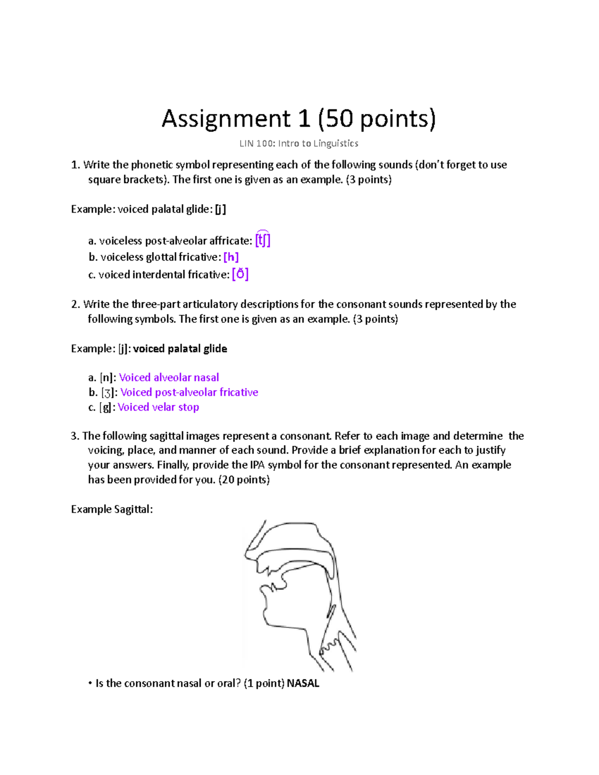 LIN 100 Assignment 1 - Assignment 1 (50 points) LIN 100: Intro to Linguistics Write the phonetic ...