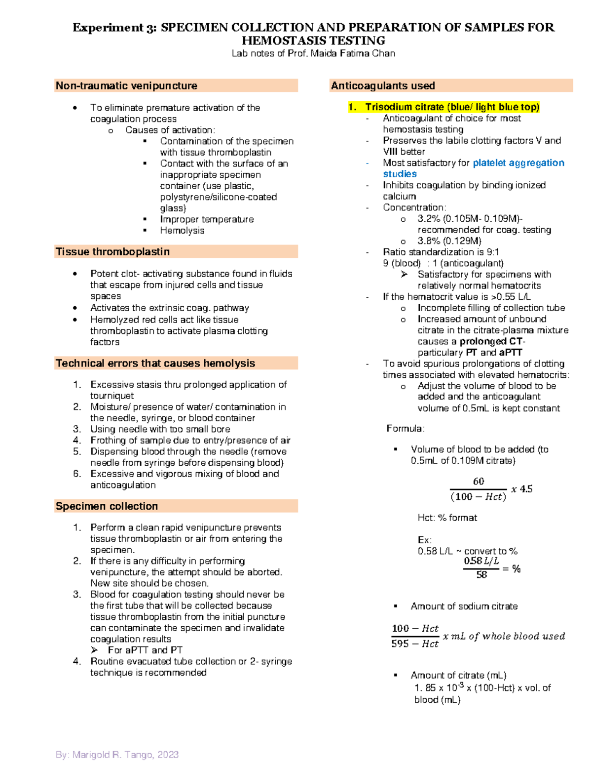 SPEC. Collection, CFT, BT Notes by maam maida - Experiment 3: SPECIMEN ...