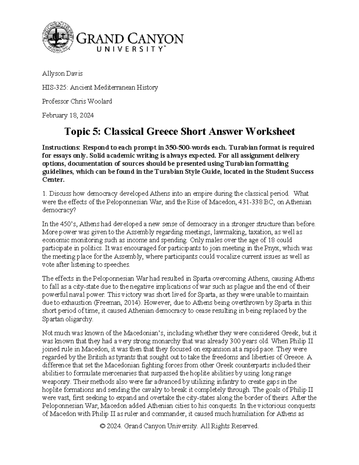 HIS-325 T5 Classical Greece Worksheet - Allyson Davis HIS-325: Ancient ...