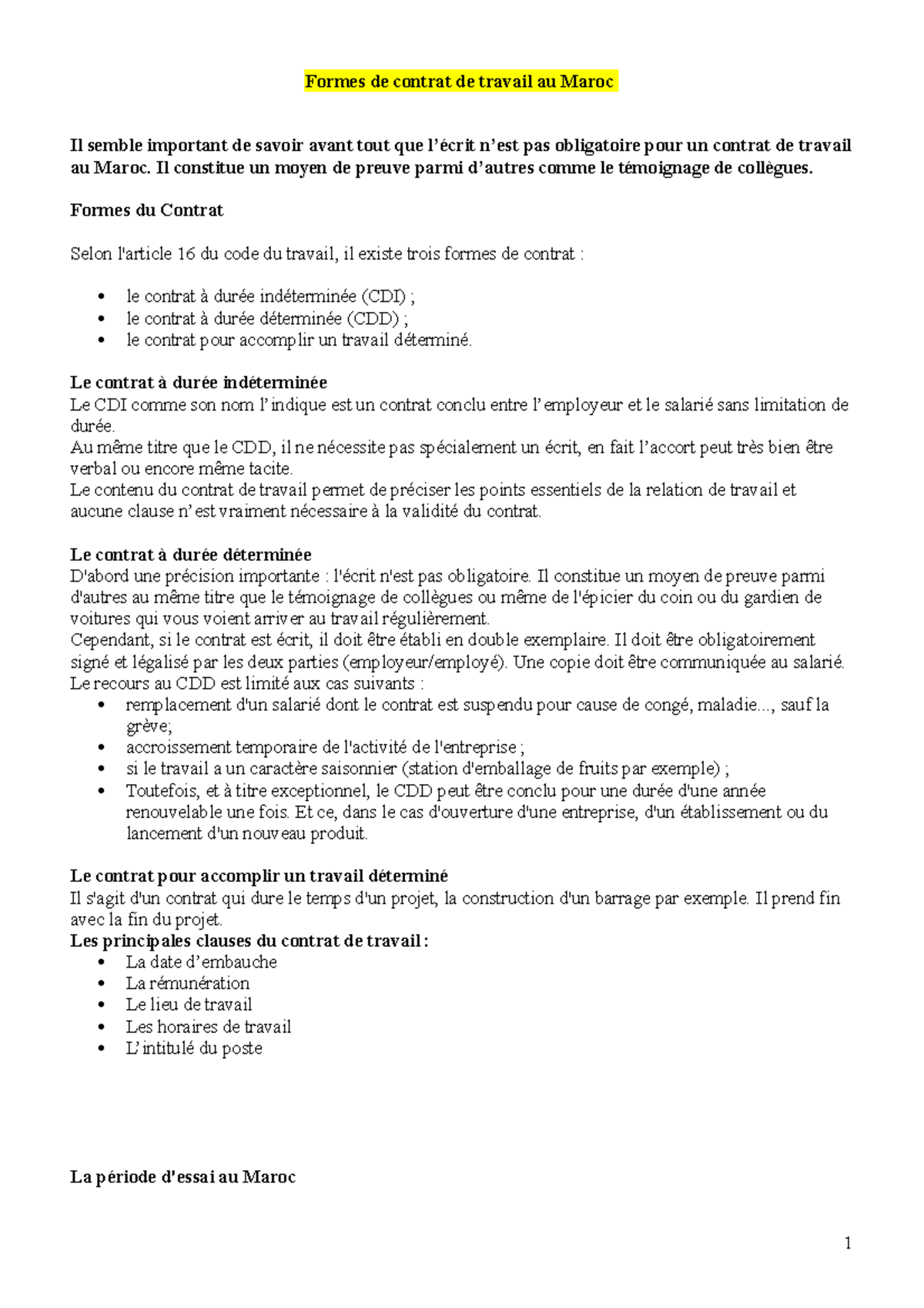 1-Formes de contrat de travail au Maroc - Il constitue un moyen de preuve parmi d’autres comme ...