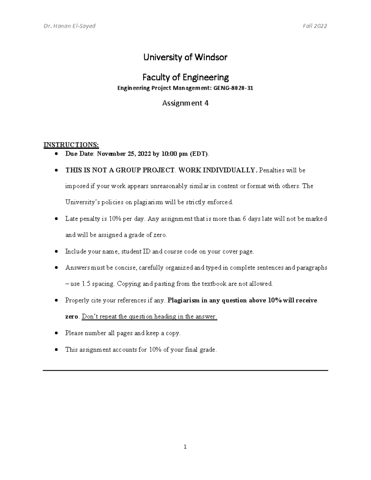 GENG-8020-31-Assignment 4 - Dr. Hanan El-Sayed Fall 2022 1 University ...