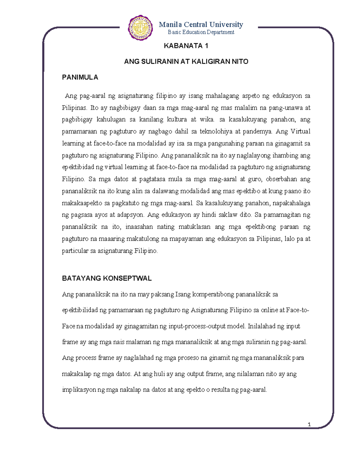 FIL 012 Pananaliksik Kabanata I at II PETa1 KAbanata 1 Draft - Basic ...