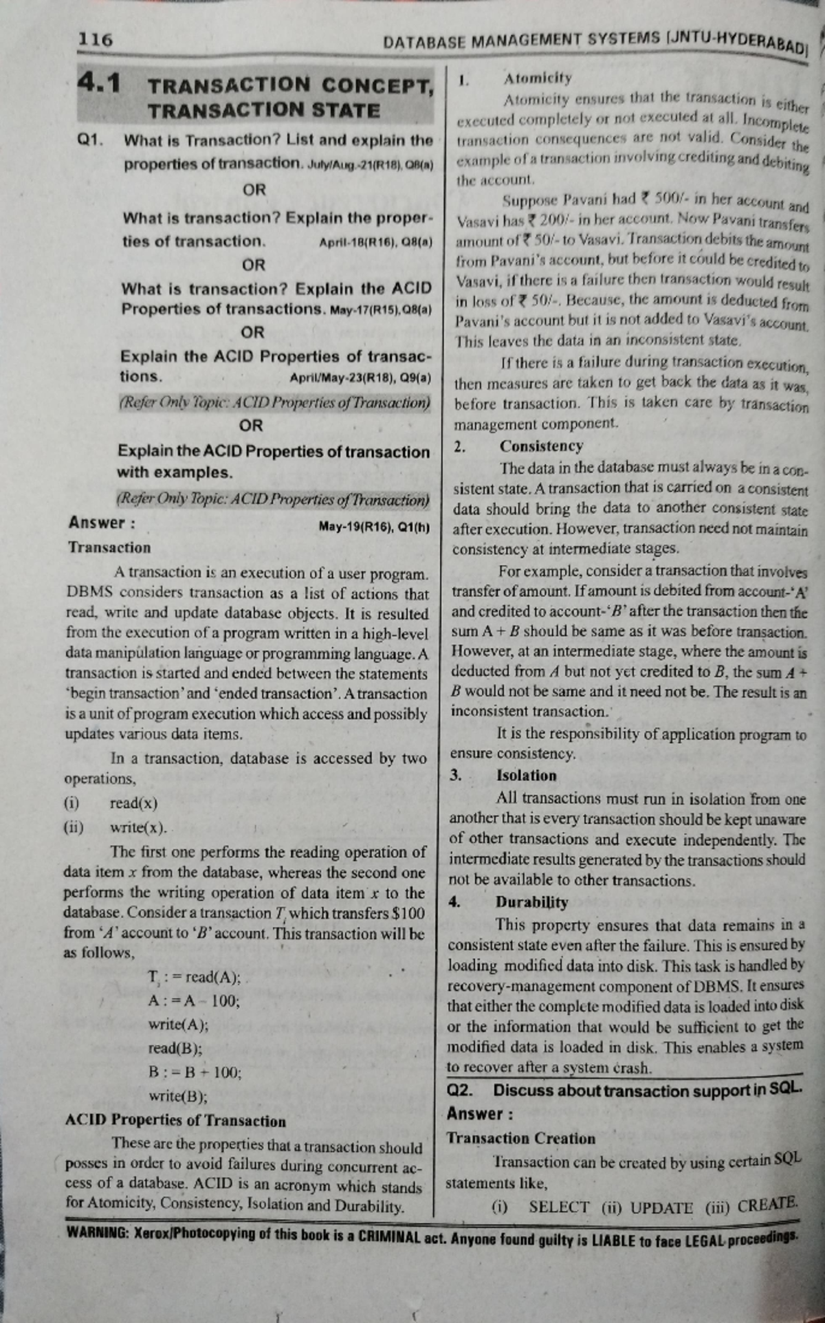 Dbms ch 4 - notes dbms - 116 DATABASE MANAGEMENT SYSTEMS 4 TRANSACTION ...