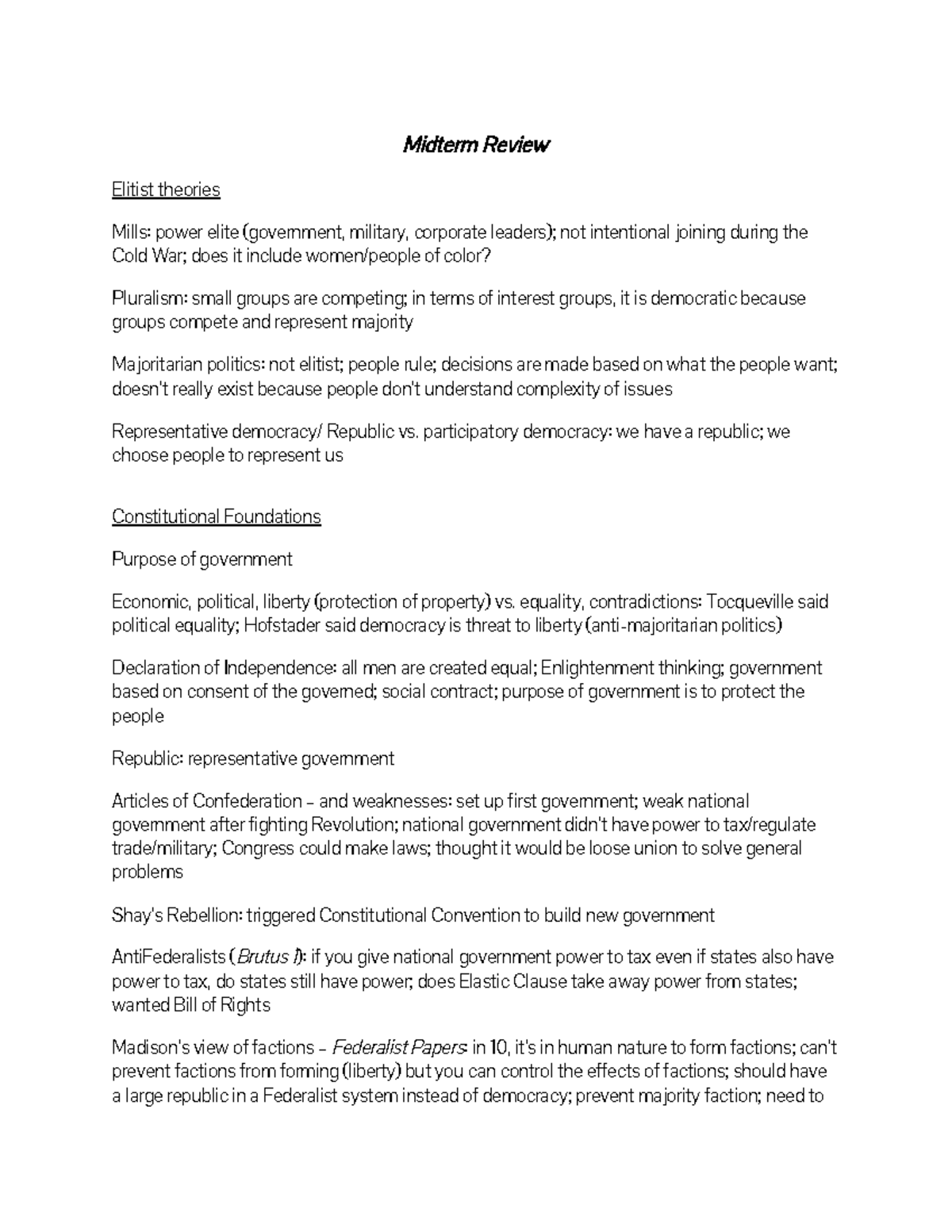 Midterm Review - Midterm Review Elitist theories Mills: power elite ...