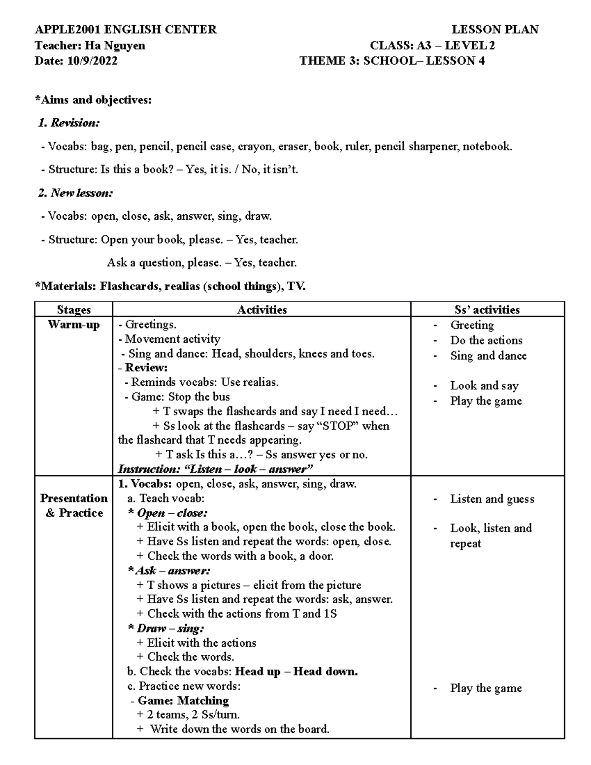 A3TVO 10922 - hvjjjjj - APPLE2001 ENGLISH CENTER LESSON PLAN Teacher ...
