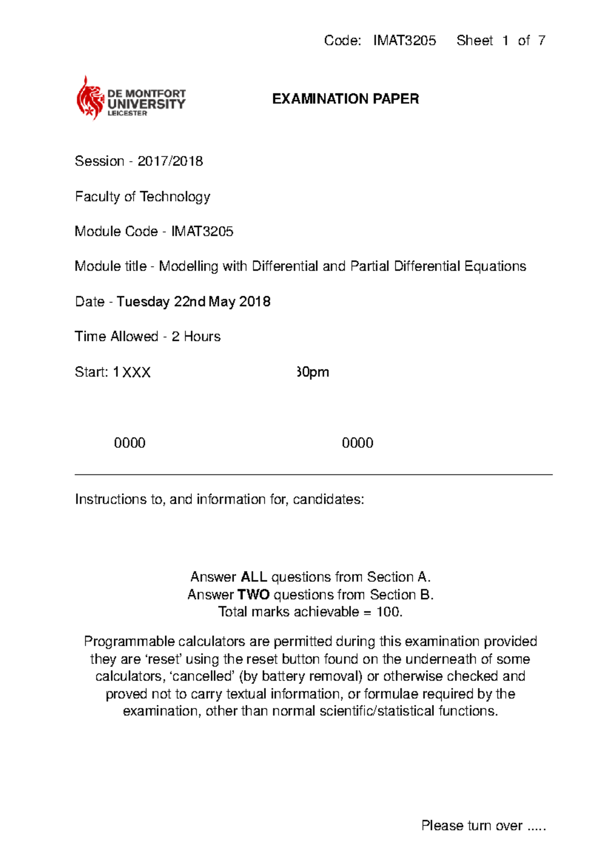 IMAT3205 2018 Exam - EXAMINATION PAPER Session - 2017/ Faculty of ...