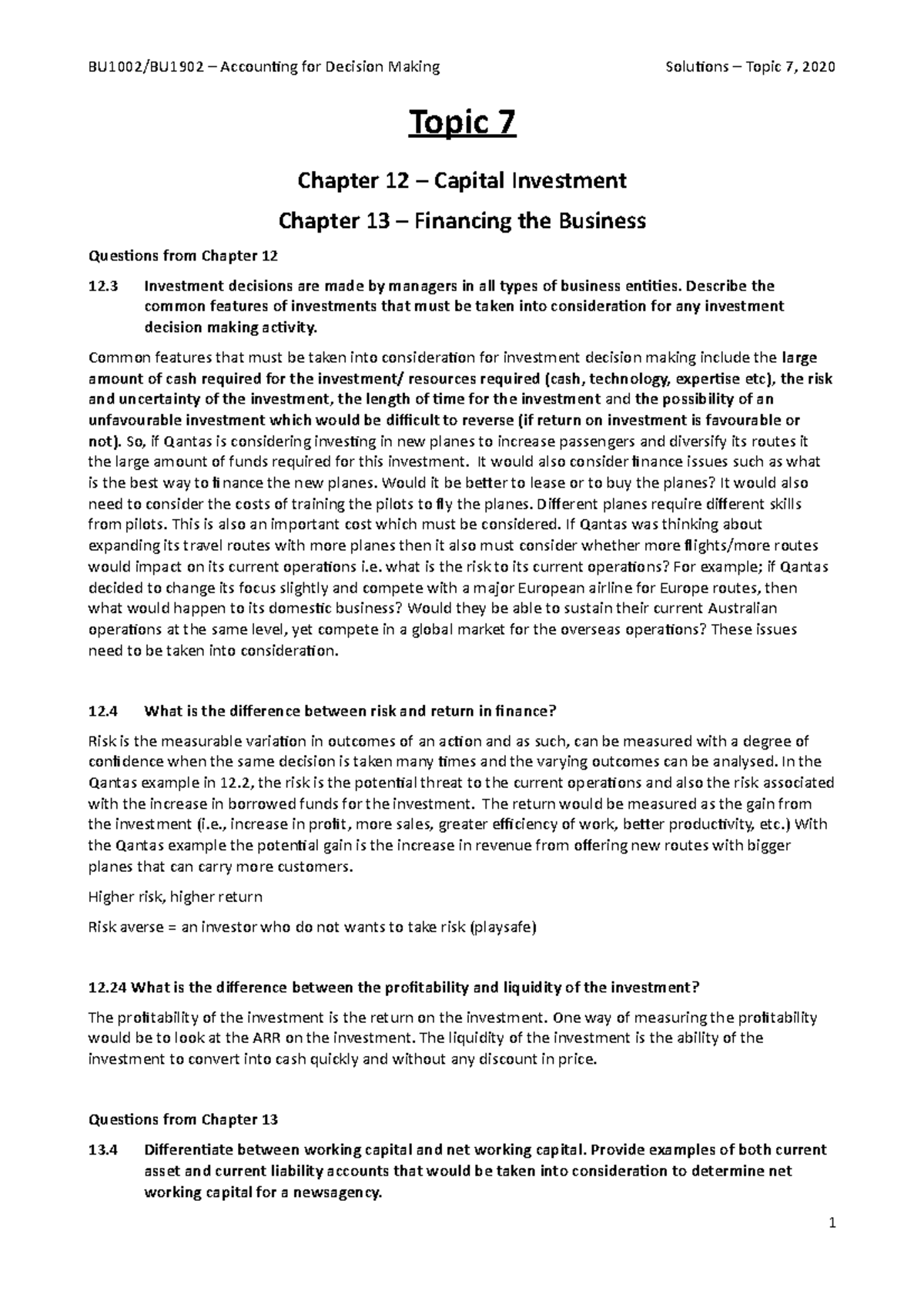Tutorial 7 BU1002 Questions and Answers - Topic 7 Chapter 12 – Capital ...