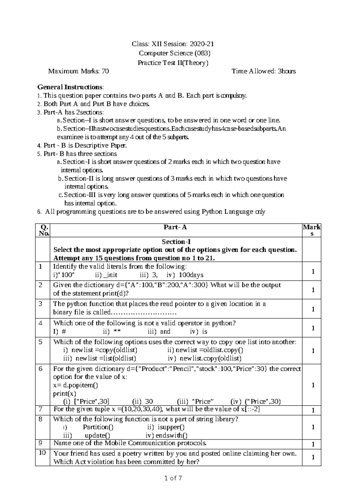 Practice Qp Cs Class Xii Set Ii Class Xii Session 2020 Computer