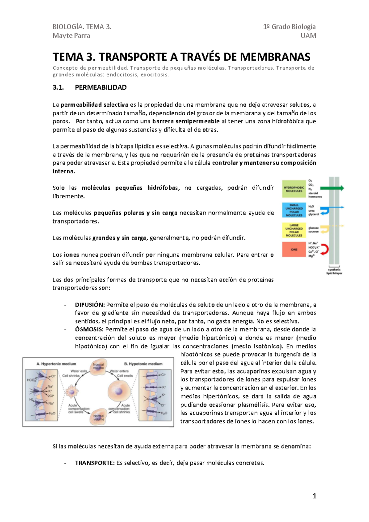 BIO Ap T3. Transporte a través de membranas - Mayte Parra UAM TEMA 3. TRANSPORTE A TRAVÉS DE ...