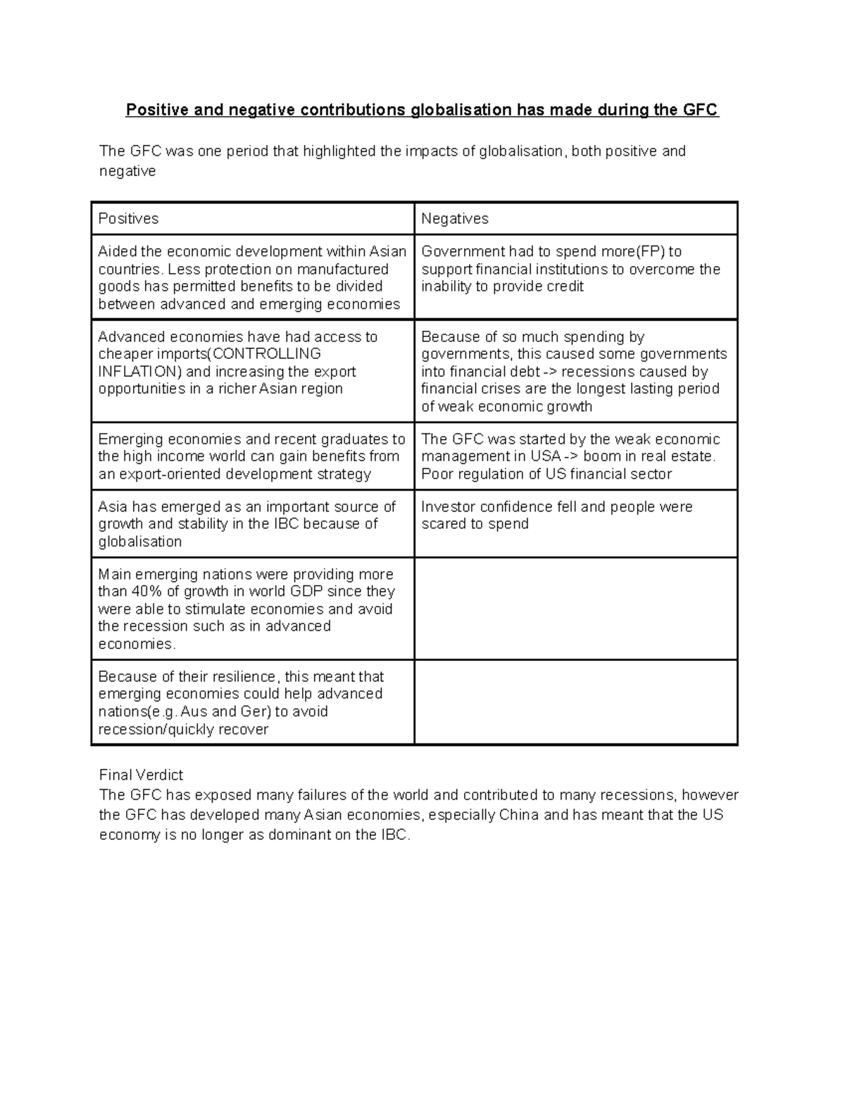 Positive and negative contributions globalisation has made during the ...
