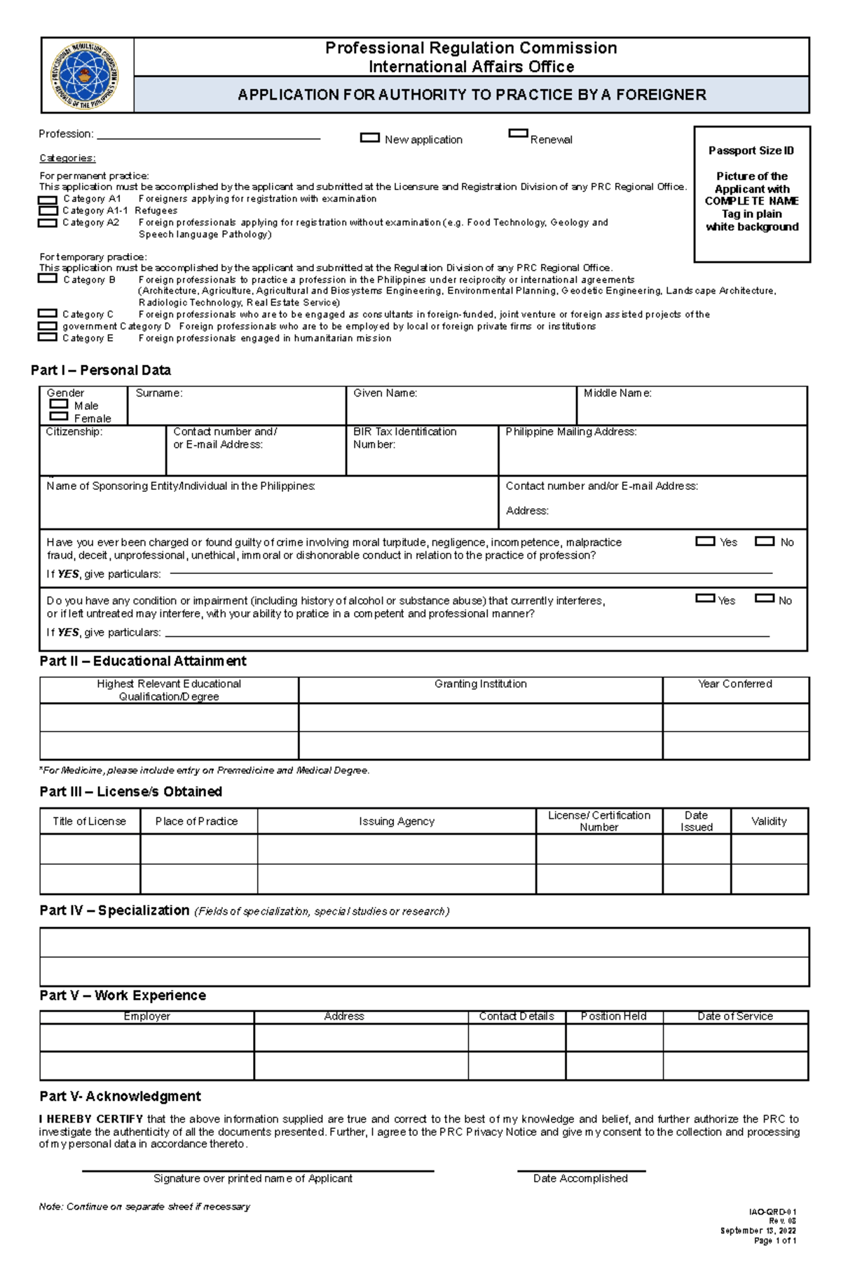 2022-11-14 IAO-QRD-01 Rev 08 Application Form Authority to Practice by ...