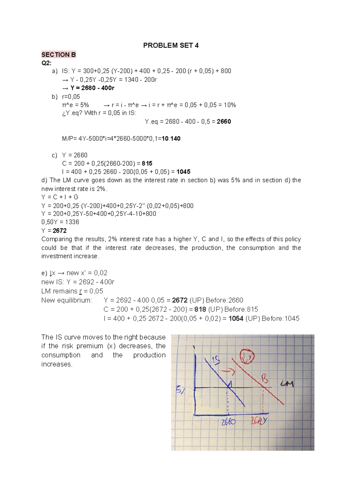 Problem set 4 Macro - PROBLEM SET 4 SECTION B Q2: a) IS: Y = 300+0,25 (Y-200) + 400 + 0,25 - 200 ...