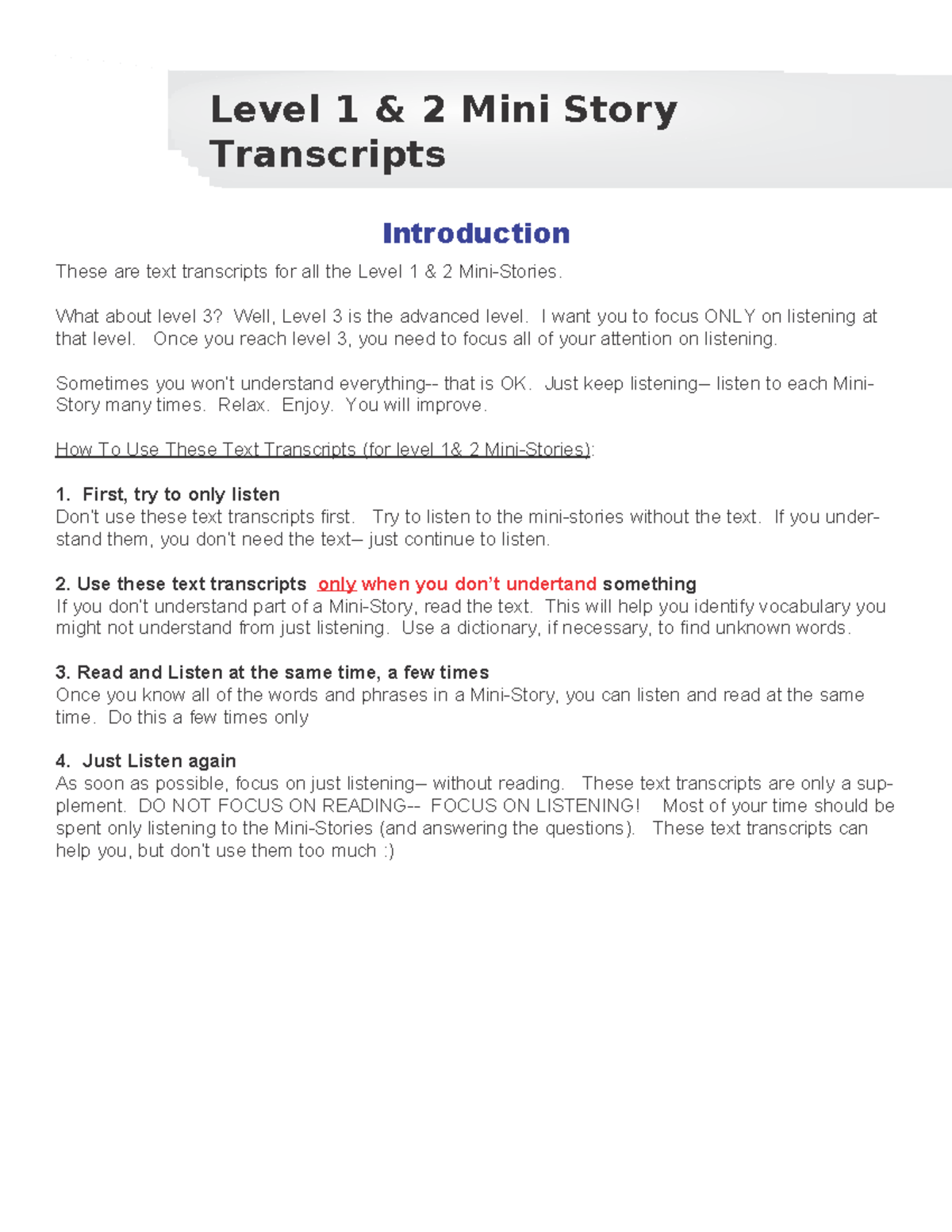 Mini-story Transcripts - Level 1 & 2 Mini Story Transcripts ...