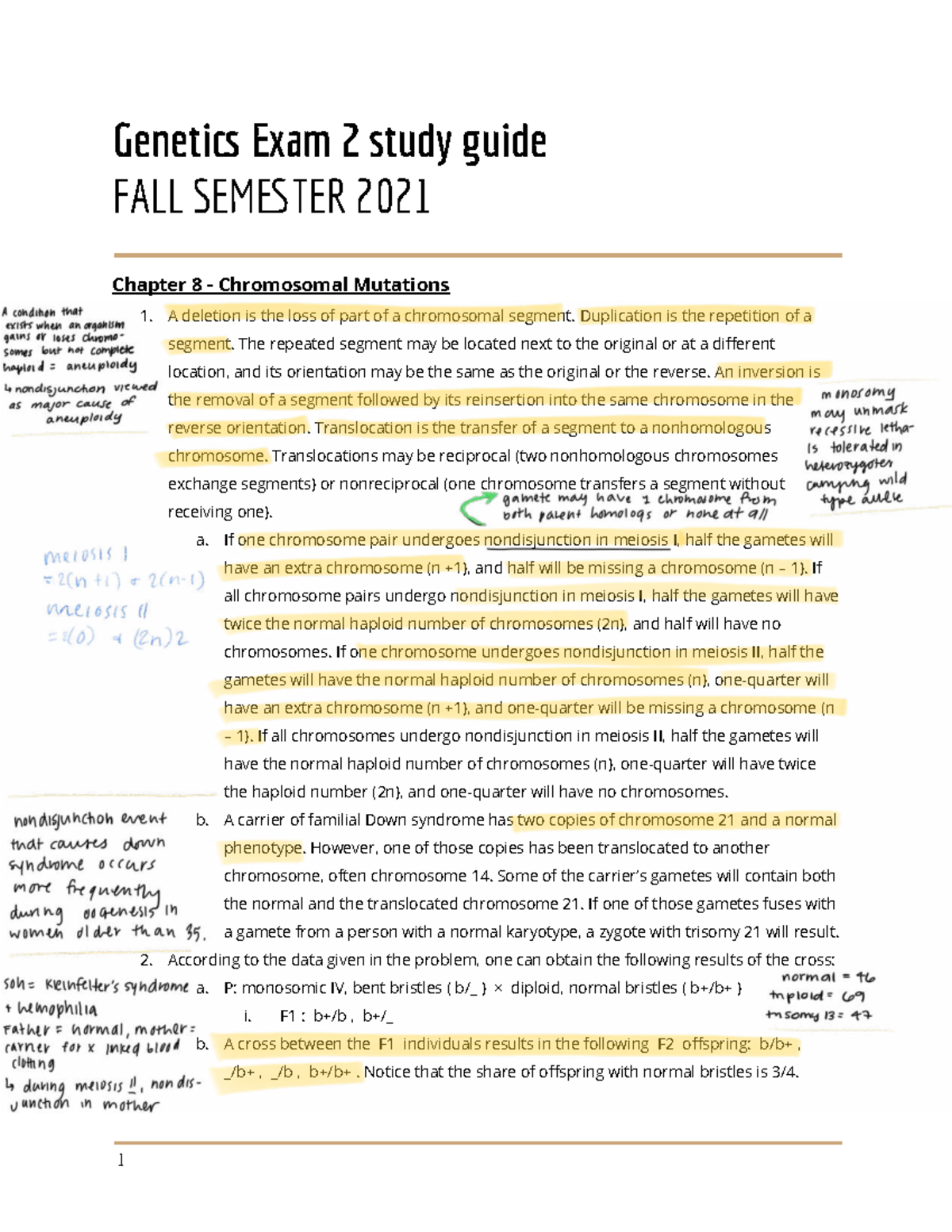 Genetics exam 2 study guide - Geneti Exam 2 study guide FALL SEMTER ...