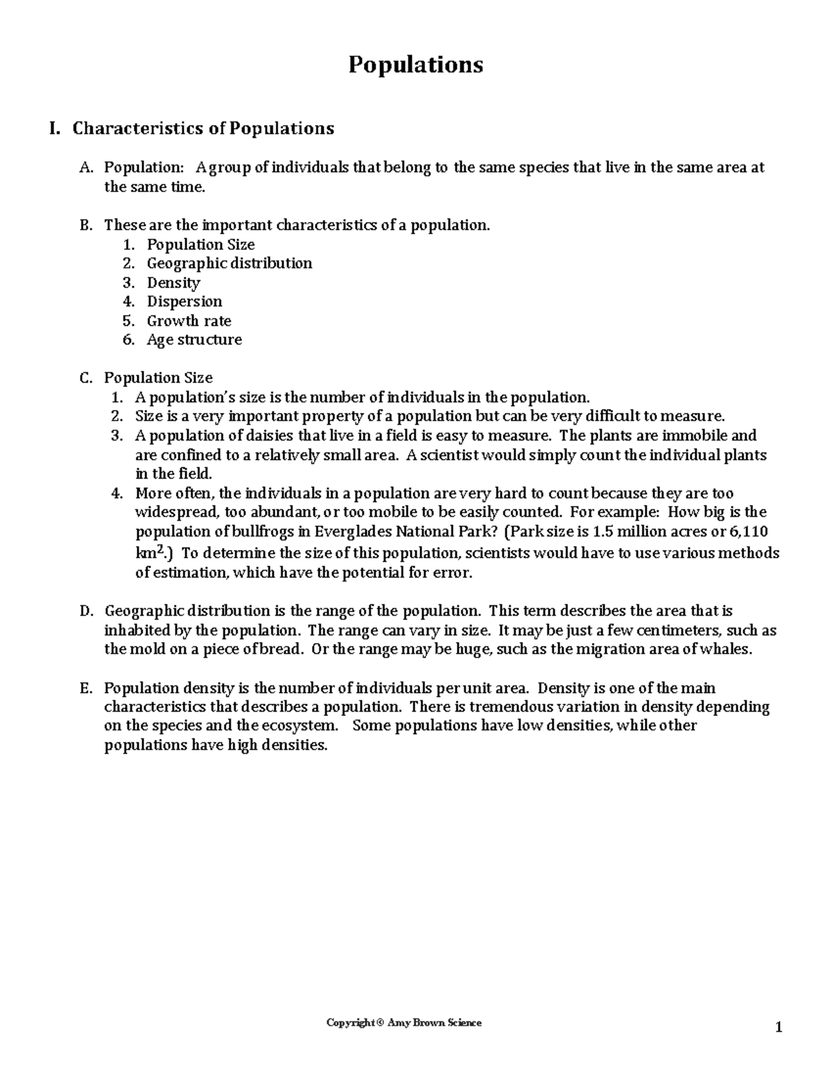 Populations Teacher Notes - Populations I. Characteristics of ...