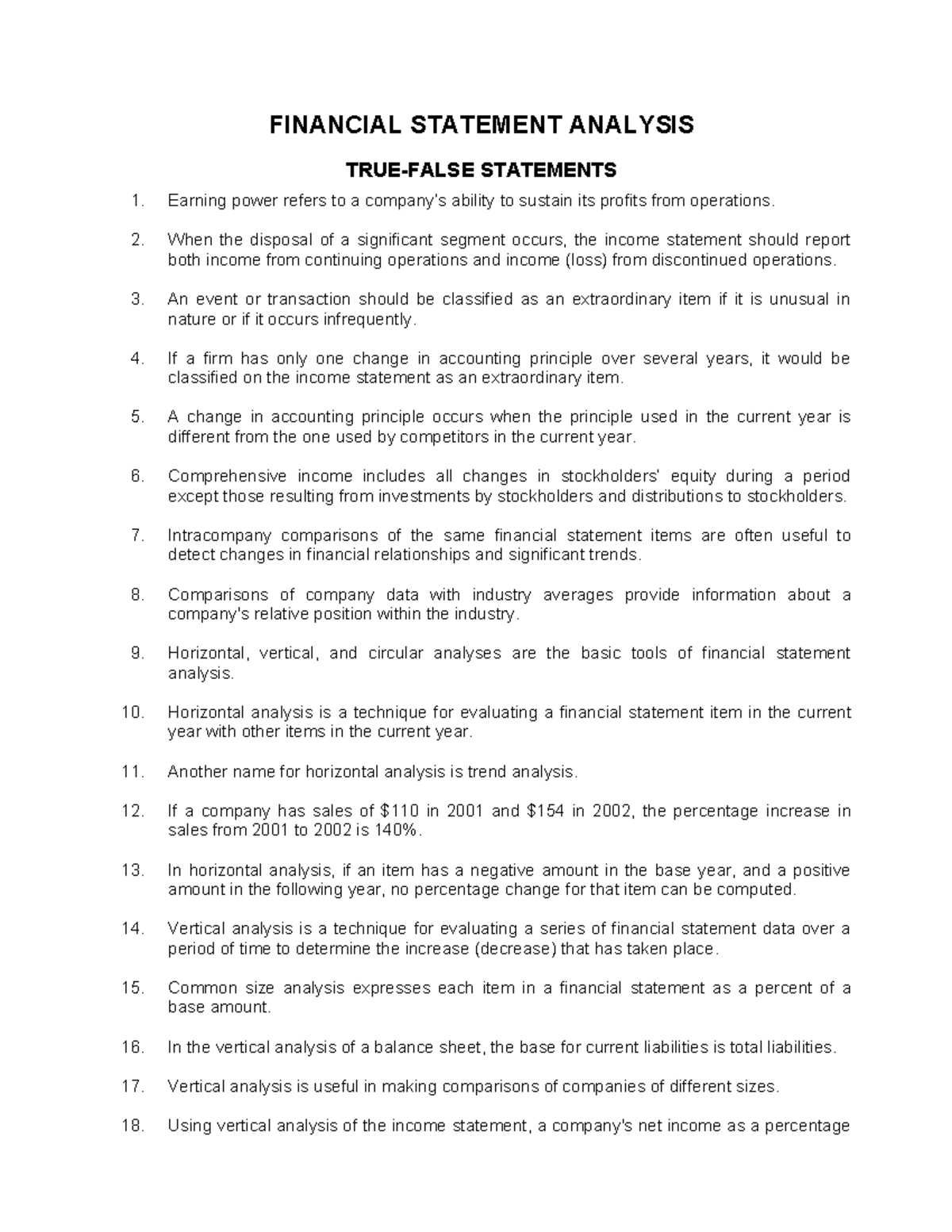 Financial Statement Analysis - FINANCIAL STATEMENT ANALYSIS TRUE-FALSE ...