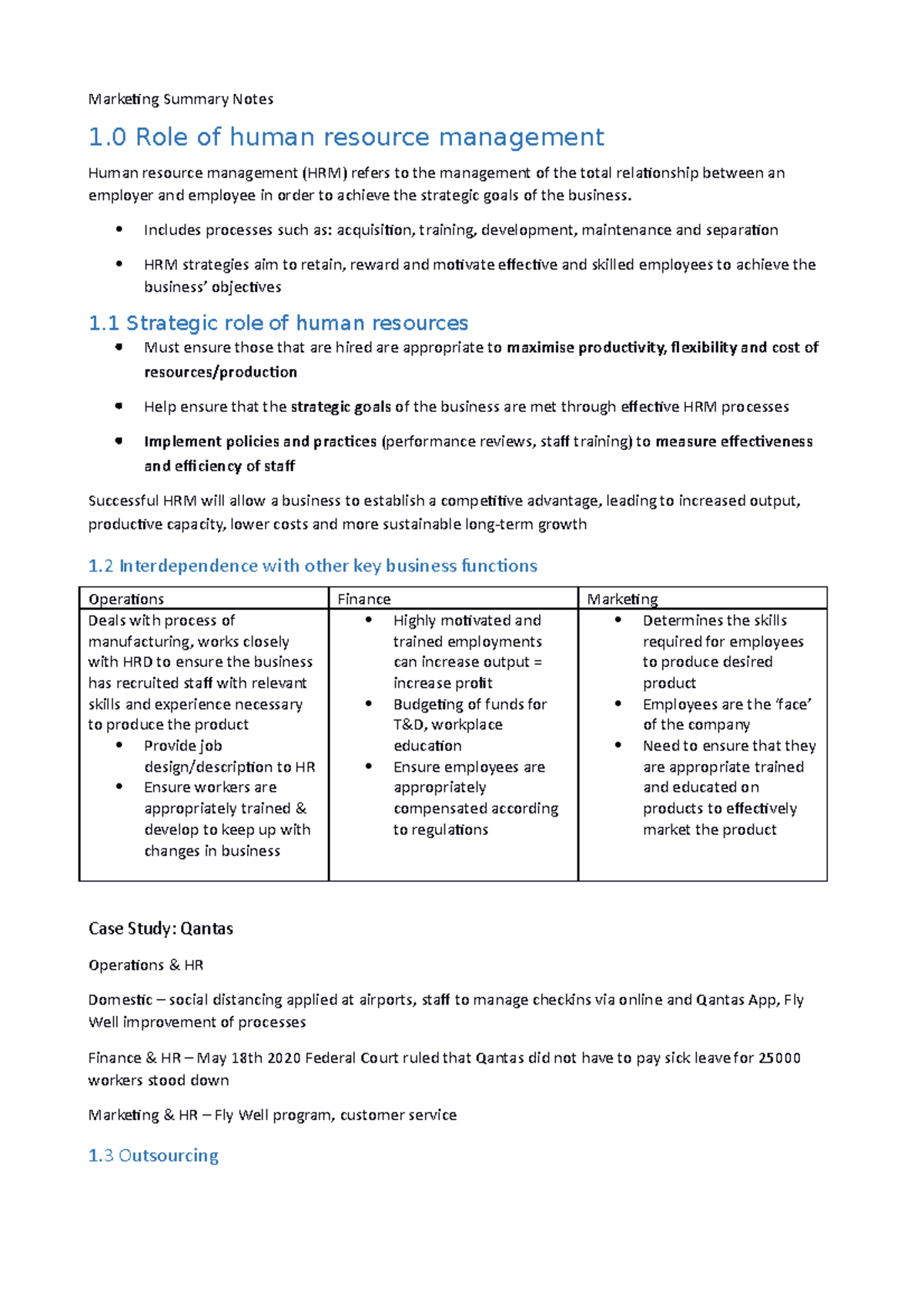 Human Resources Summary Notes Business Studies Band 6 HSC - Marketing ...