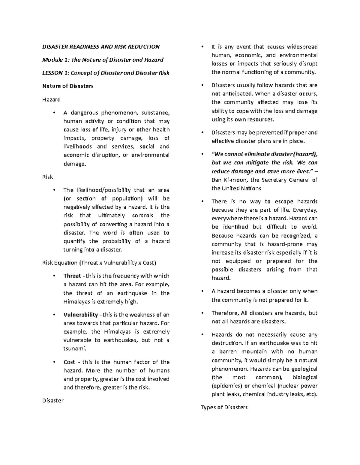 DRRR Lesson 1 Notes - DISASTER READINESS AND RISK REDUCTION Module 1 ...