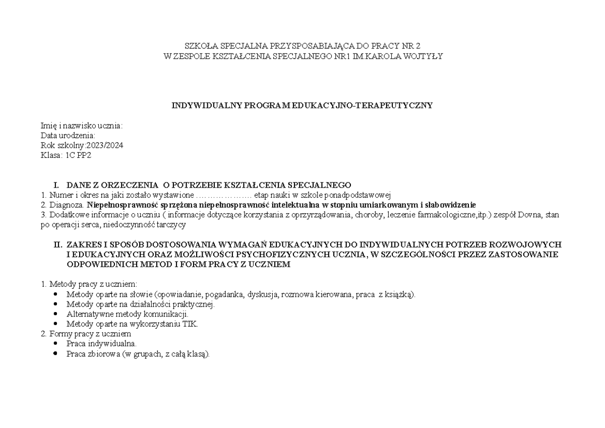 IPET 1 - SZKOŁA SPECJALNA PRZYSPOSABIAJĄCA DO PRACY NR 2 W ZESPOLE ...