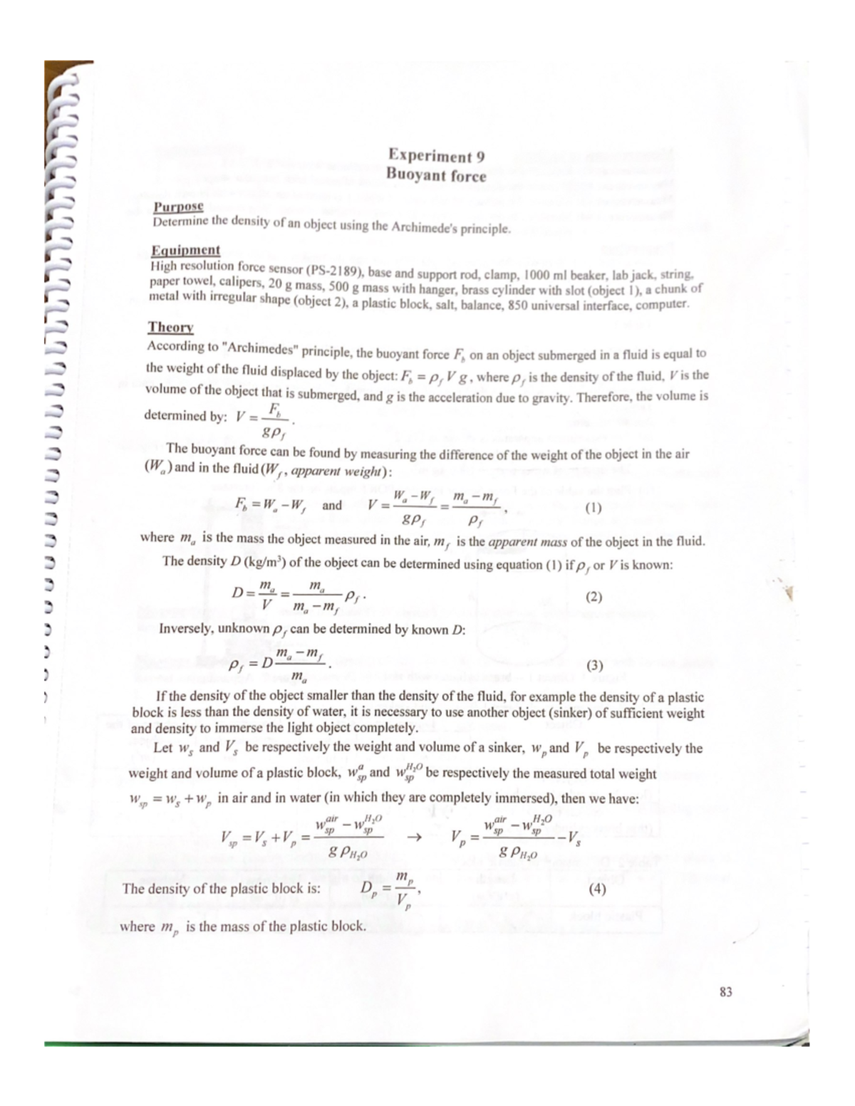Gen Phy Lab 33 - Lecture Notes - Experiment 9 Buoyant force Purpose ...