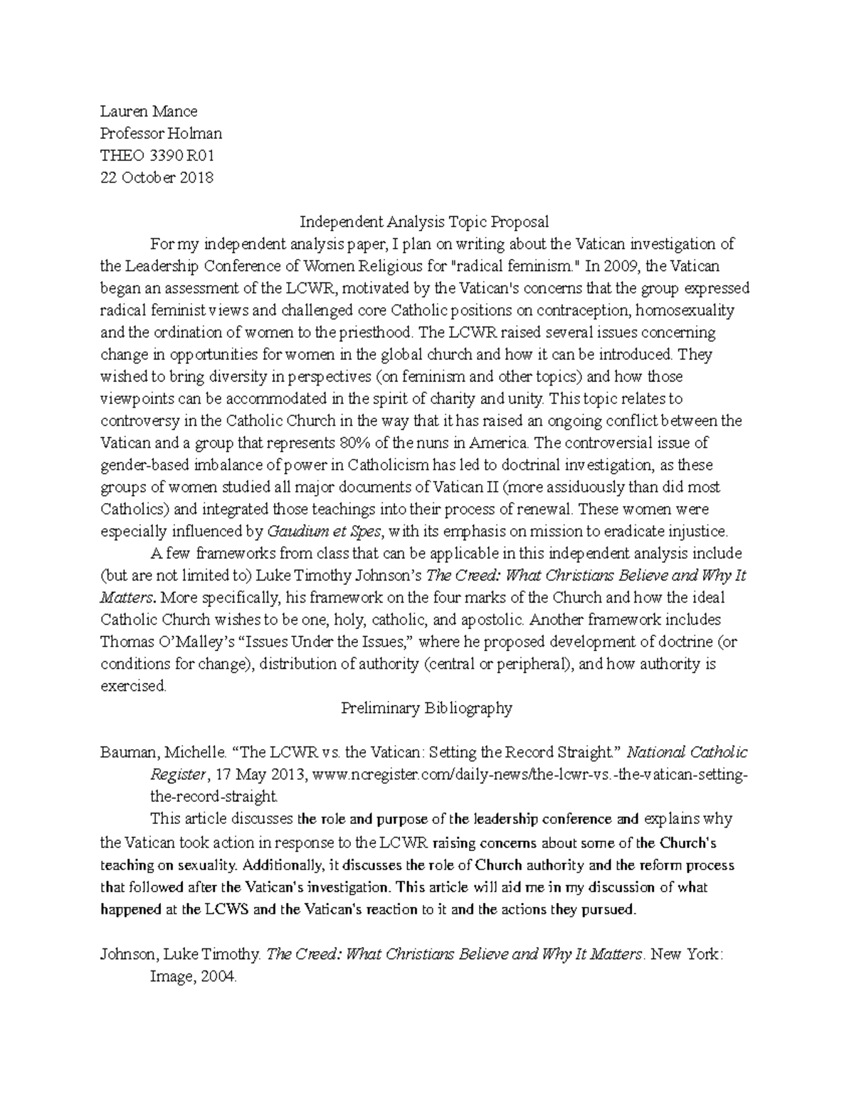 Topic Proposal Part 2 - Lauren Mance Professor Holman THEO 3390 R 22 ...