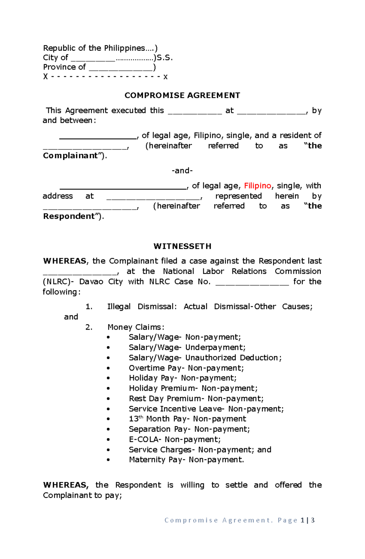 Compromise Agreement for NLRC Case - Republic of the Philippines ...