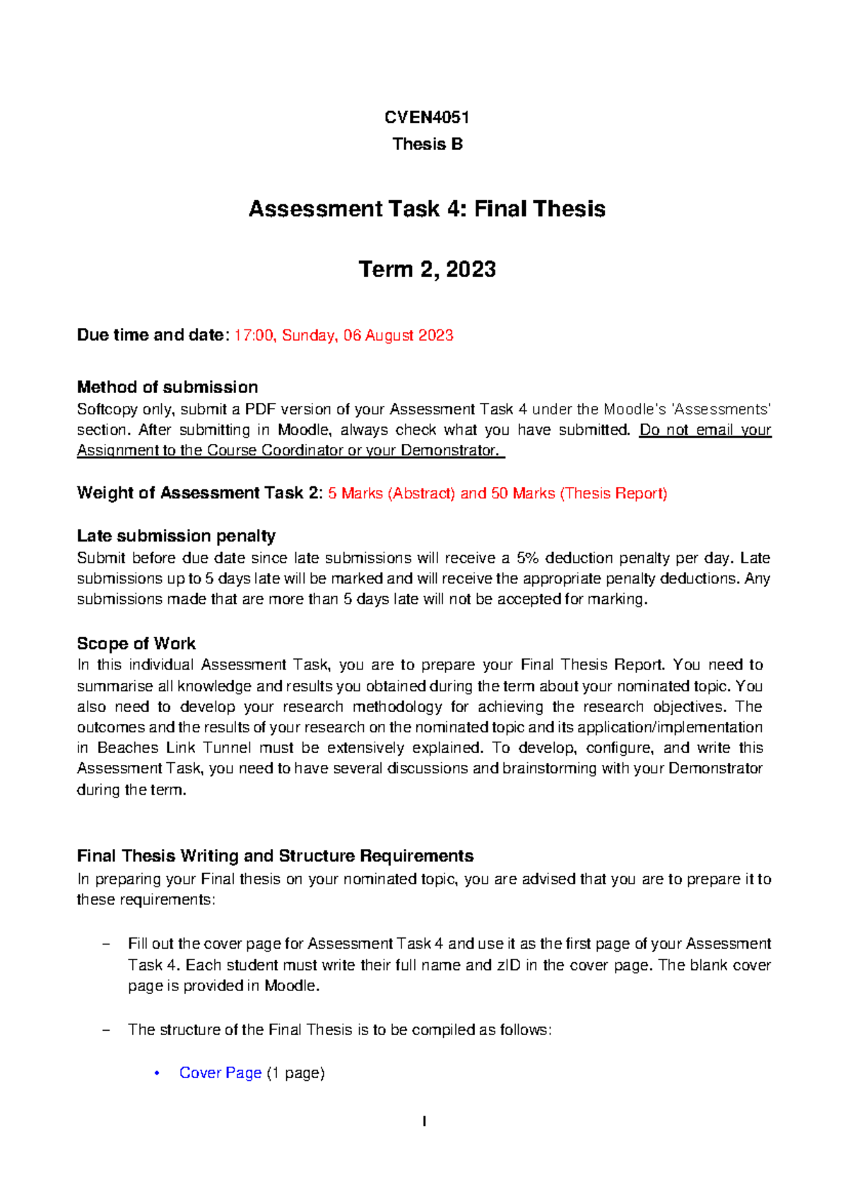 Assessment Task 4 Instruction - CVEN Thesis B Assessment Task 4: Final ...