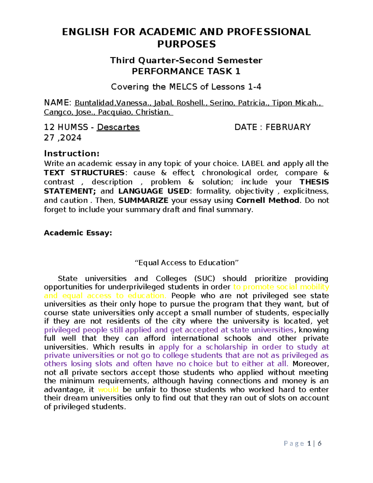 EAPP Performance-TASK-1 - ENGLISH FOR ACADEMIC AND PROFESSIONAL PURPOSES Third Quarter-Second ...