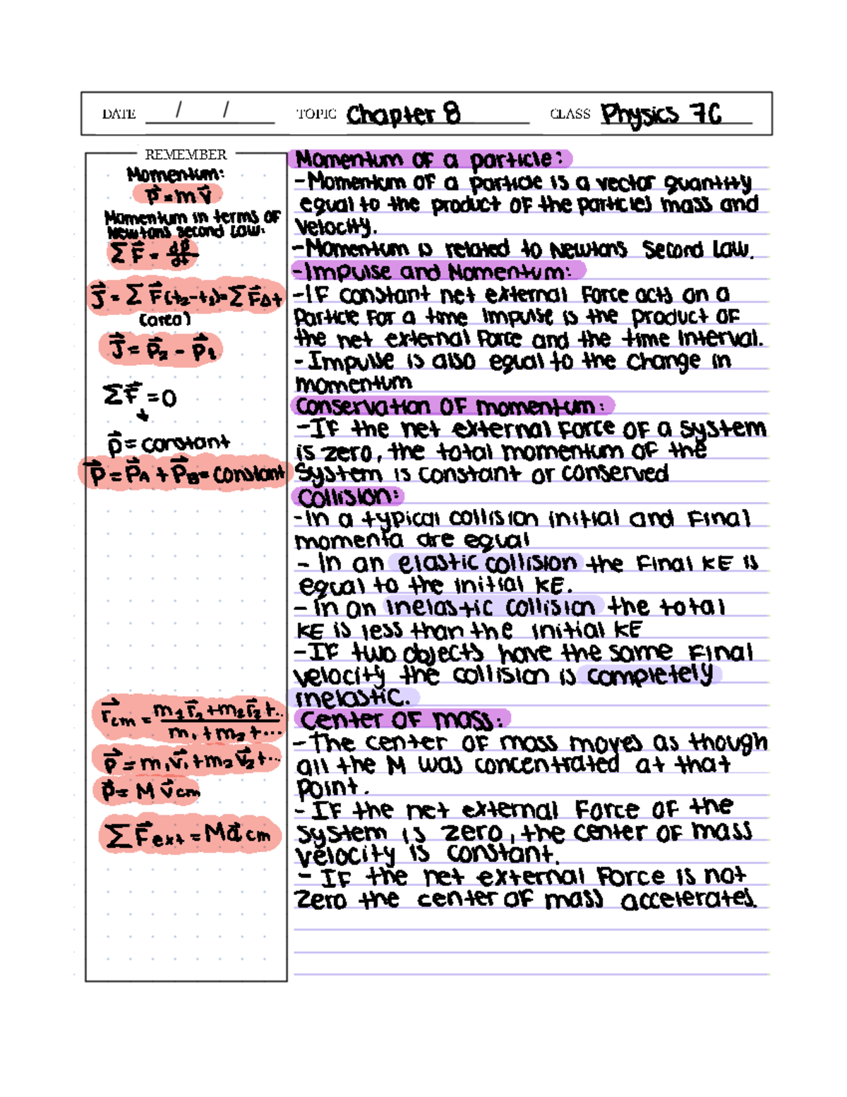 Midterm #2-Chapter 8 - DATE TOPIC CLASS REMEMBER Chapter 8 Physics 76 ...