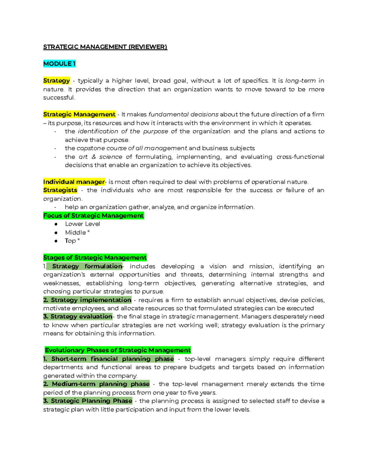 Strategic Management ( Reviewer)-1 - STRATEGIC MANAGEMENT (REVIEWER ...