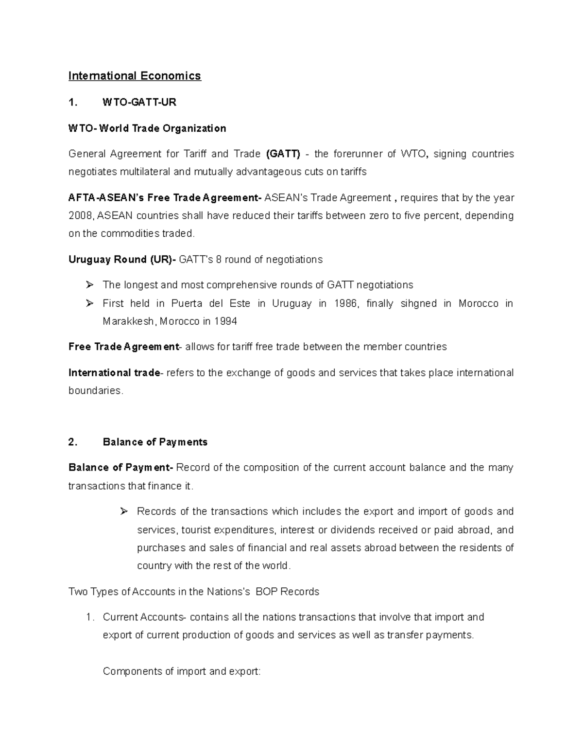 International Economics - WTO-GATT-UR WTO- World Trade Organization General Agreement for Tariff ...