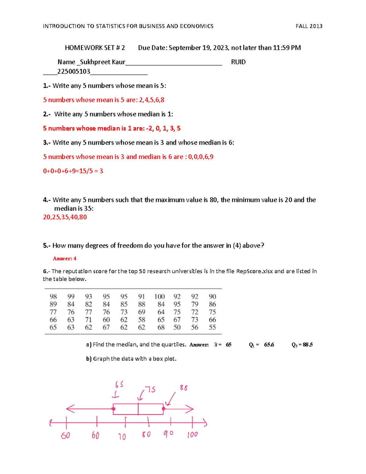 Homework Set 2 copy - description - INTRODUCTION TO STATISTICS FOR BUSINESS AND ECONOMICS FALL ...