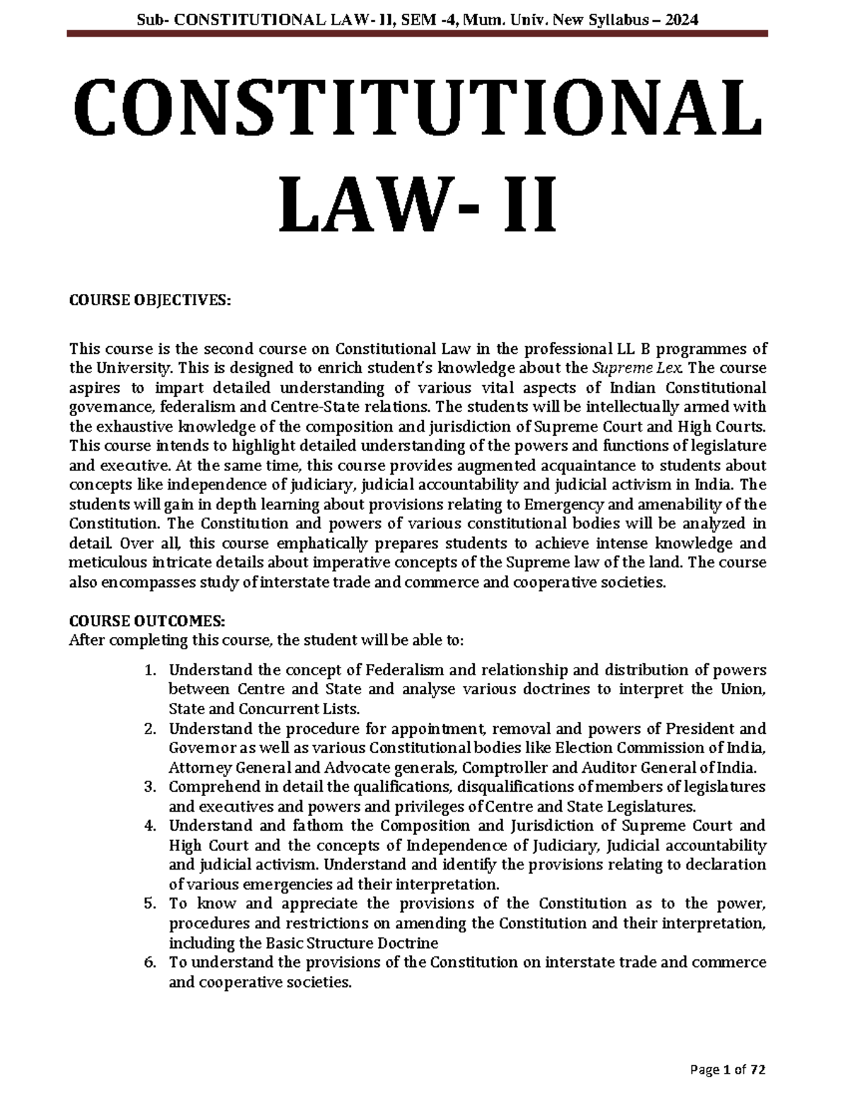 Constitutional LAW- II - CONSTITUTIONAL LAW- II COURSE OBJECTIVES: This ...