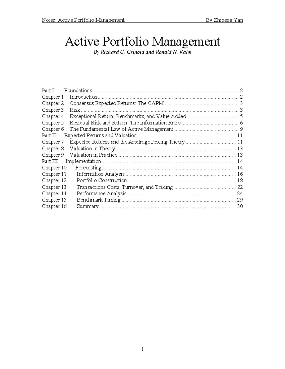 Active Portfolio Management - Grinold and Ronald N. Kahn Part I - Studocu