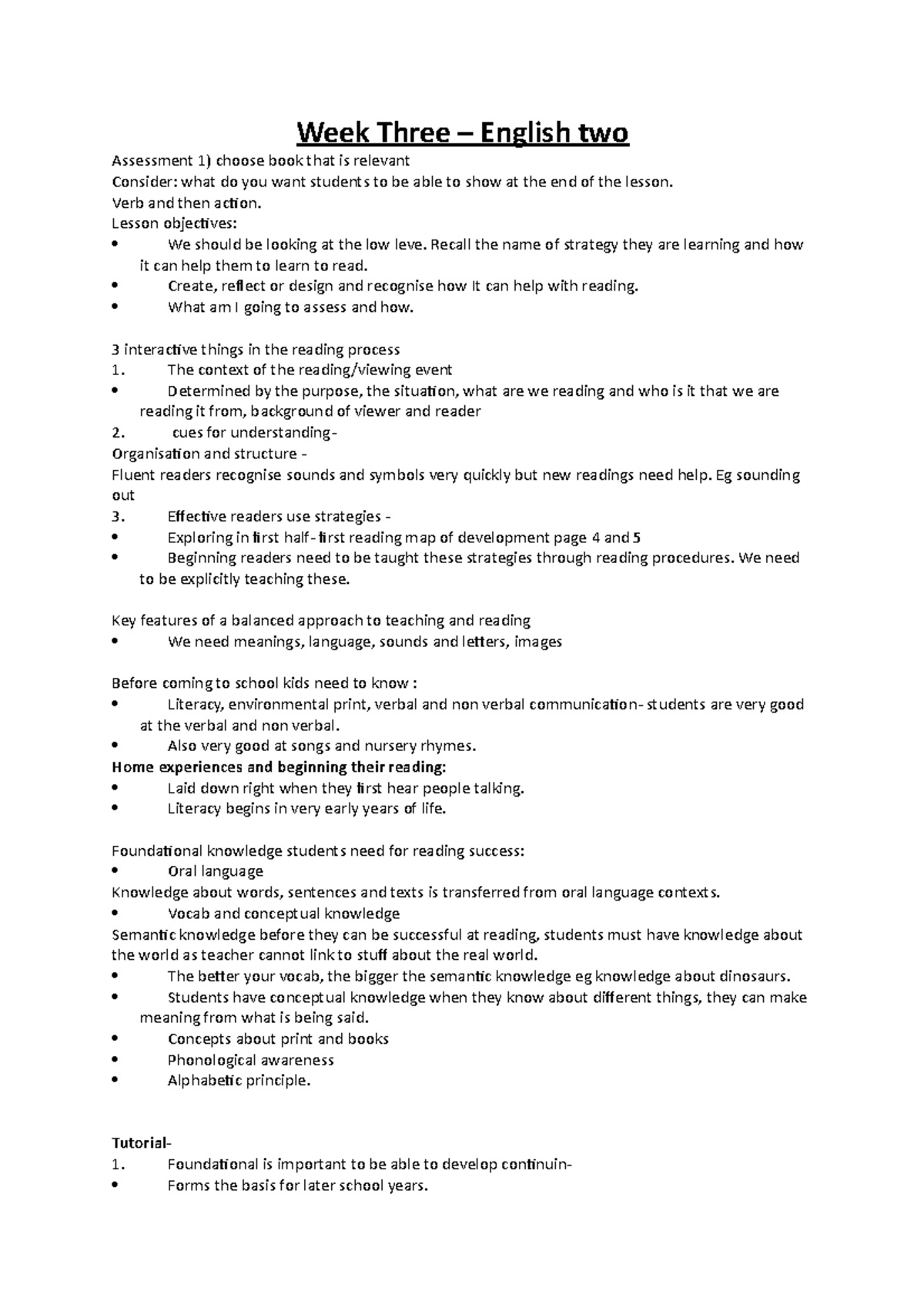 English 2 Week 3 - Week 3 tutorial and lecture notes - Week Three ...