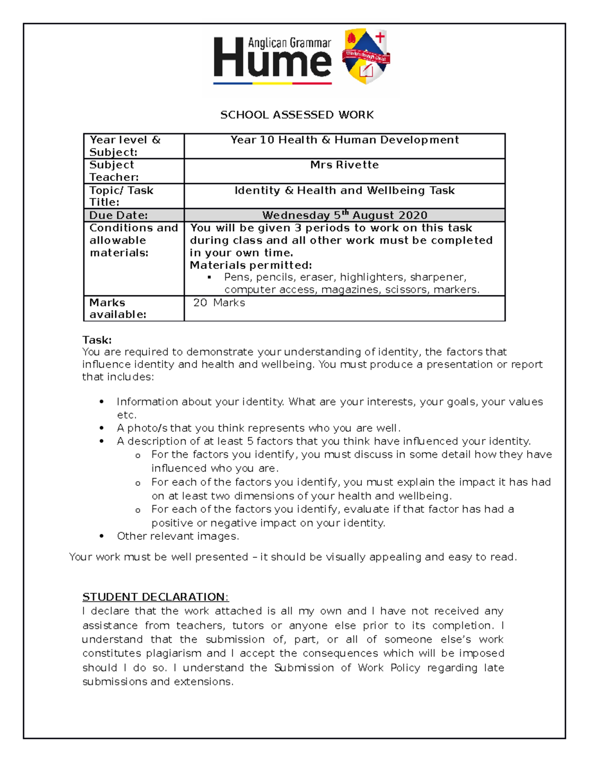 2020 Identity assessment task instructions and rubric - SCHOOL ASSESSED ...