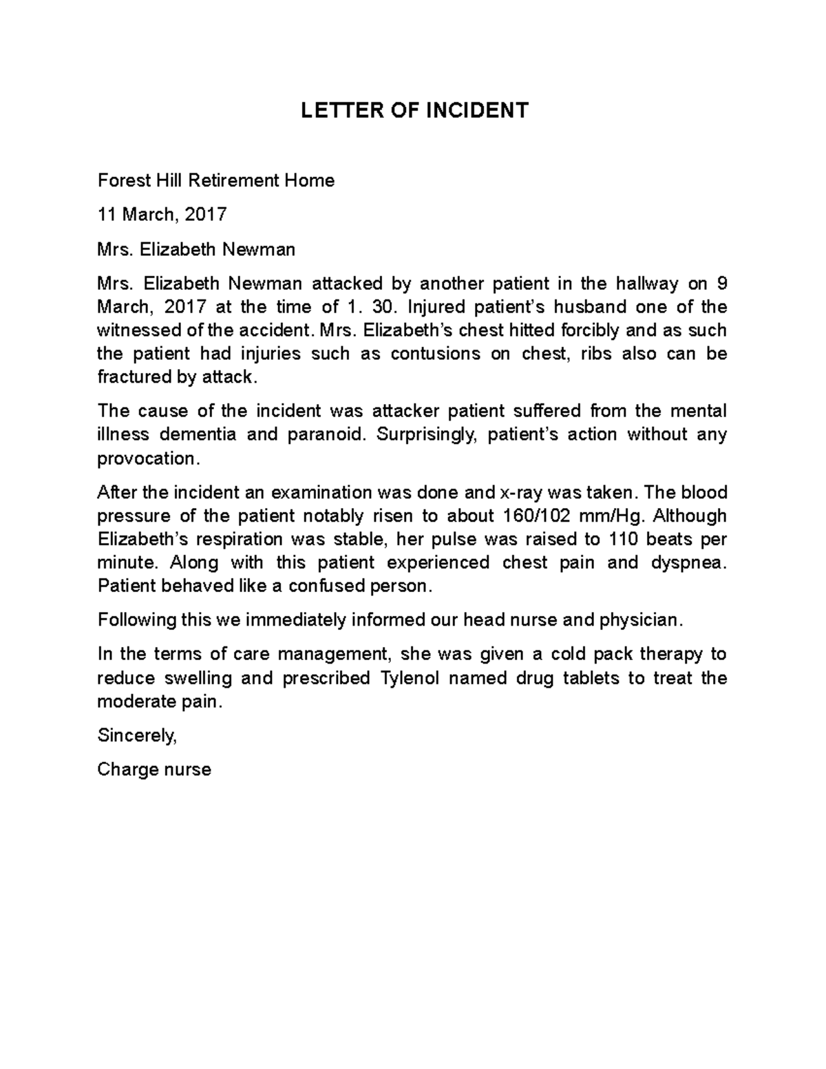 Letter OF Incident - english - LETTER OF INCIDENT Forest Hill ...