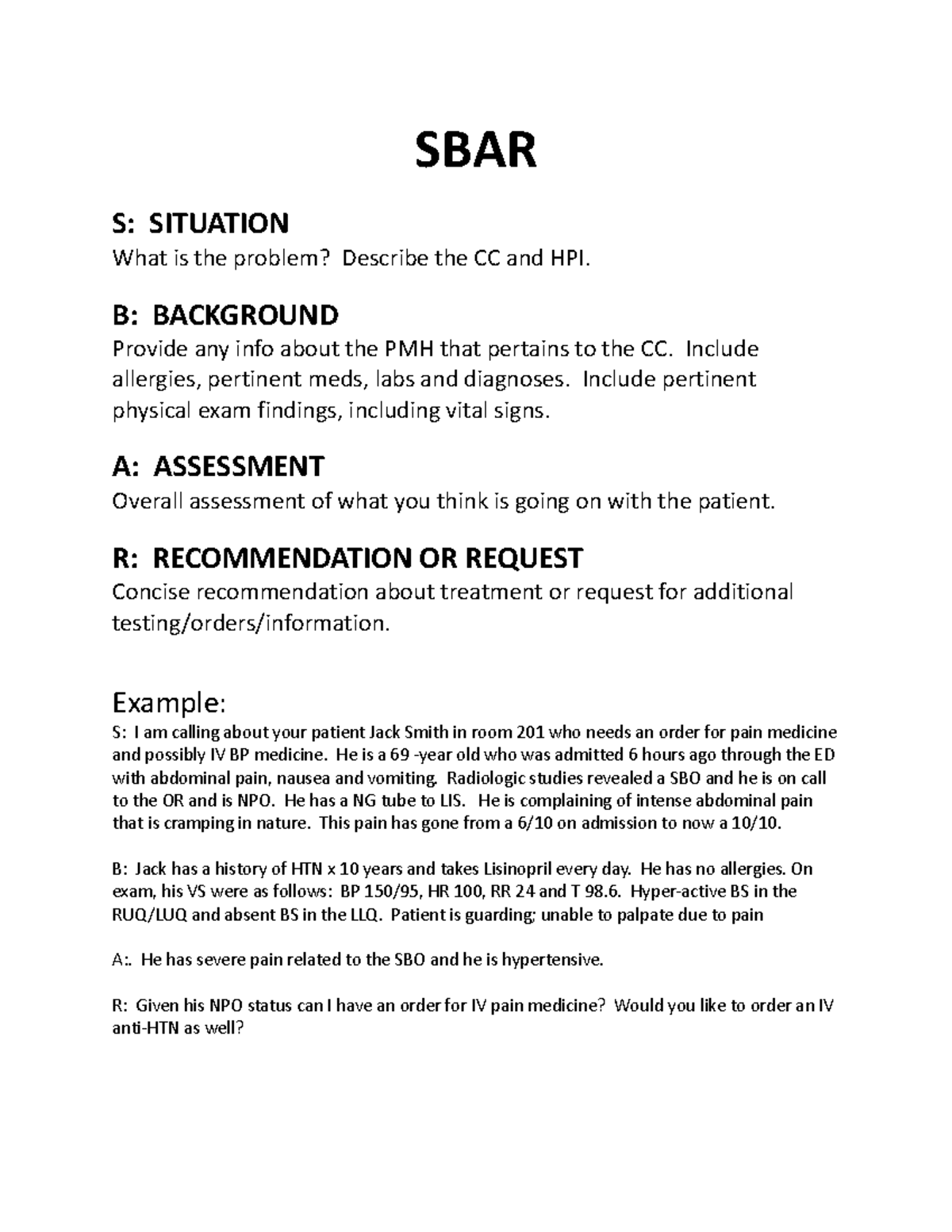 SBAR Respiratory - SBAR set up/getting use to patient one on one ...