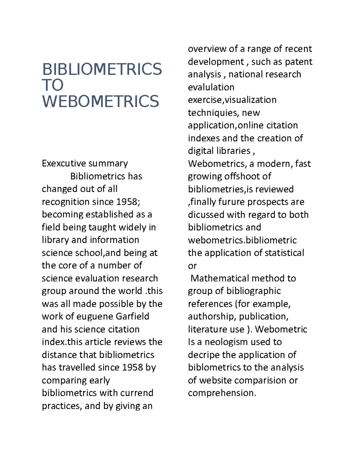 Bibliometrics TO Webometrics - BIBLIOMETRICS TO WEBOMETRICS Exexcutive ...
